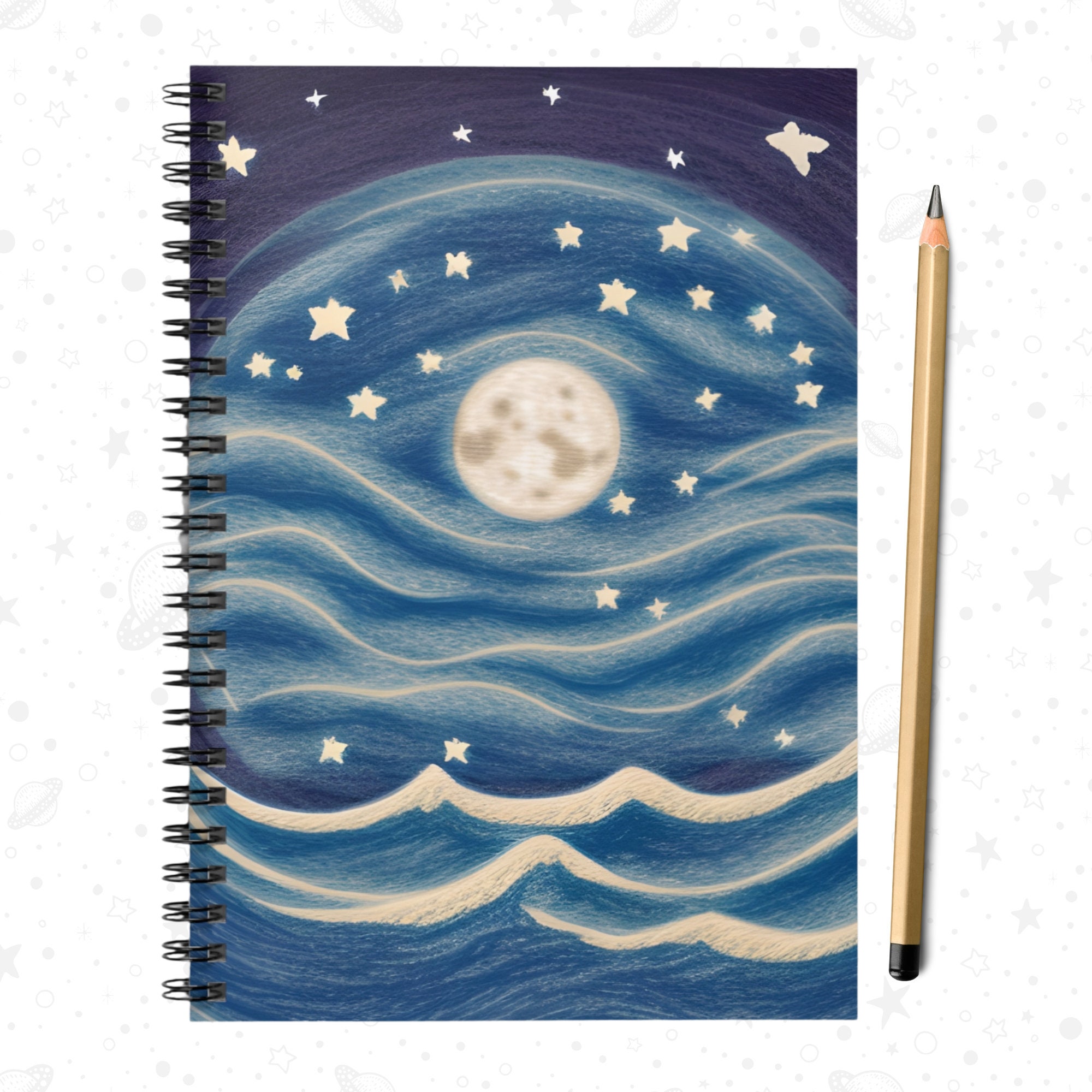 Full Moon Twinkling Stars Ocean Waves Spiral Soft Cover Notebook, 6x8 ...