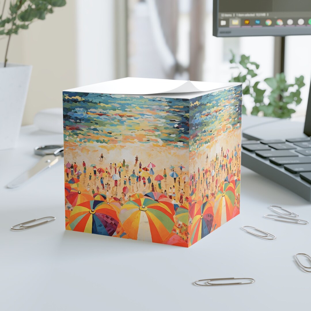 Umbrellas on the Beach Watercolor Art Sticky Note Cube, Notepad Gift ...