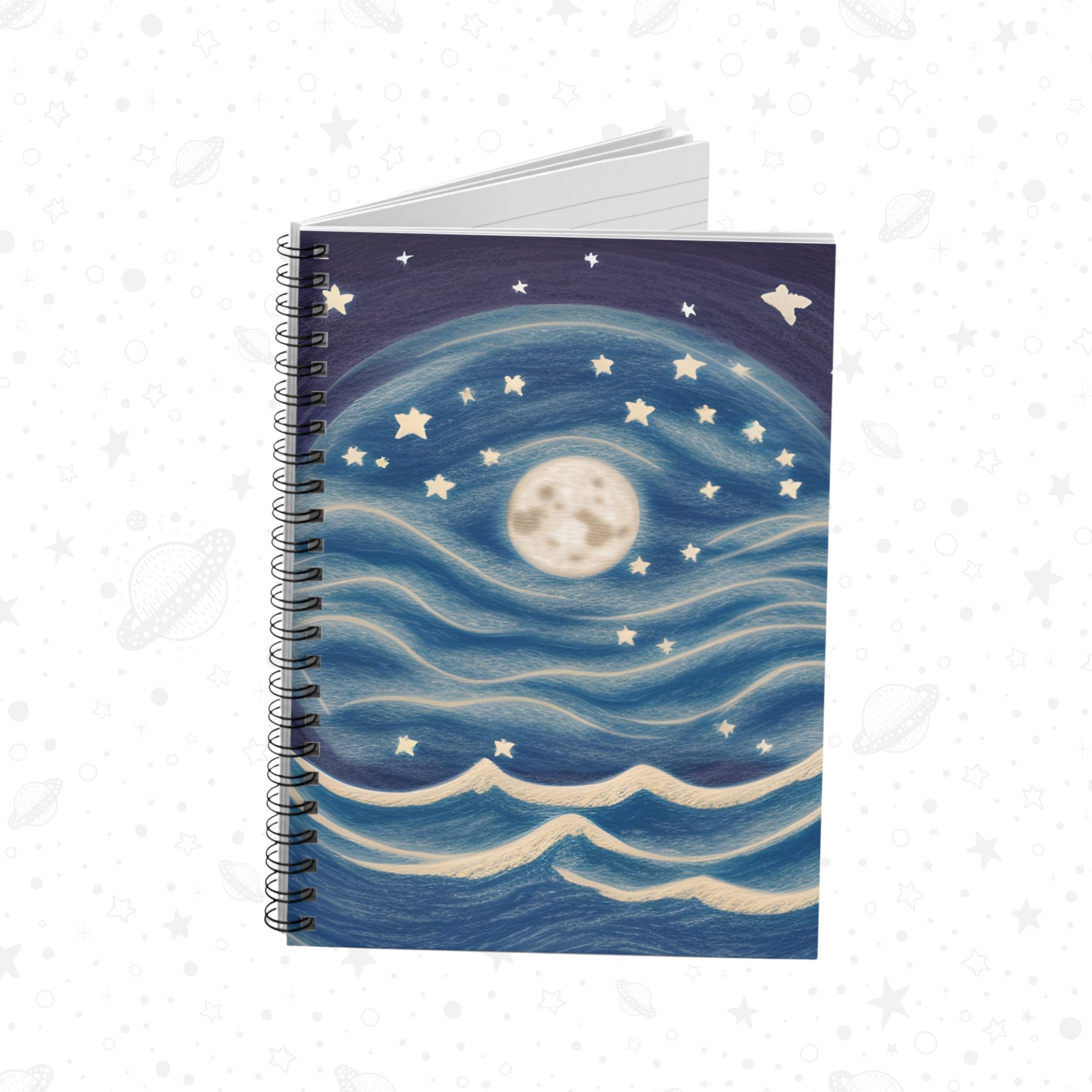 Full Moon Twinkling Stars Ocean Waves Spiral Soft Cover Notebook, 6x8 ...