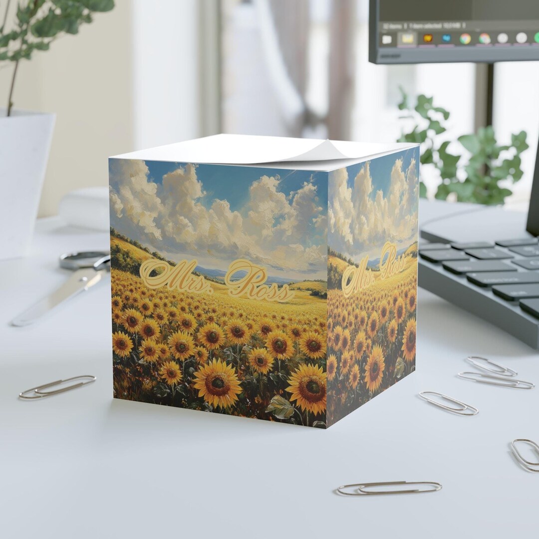 Sticky Note Cube, Personalized Sunflower Field Design, Custom Memo Pad, Floral Desk Decor ...