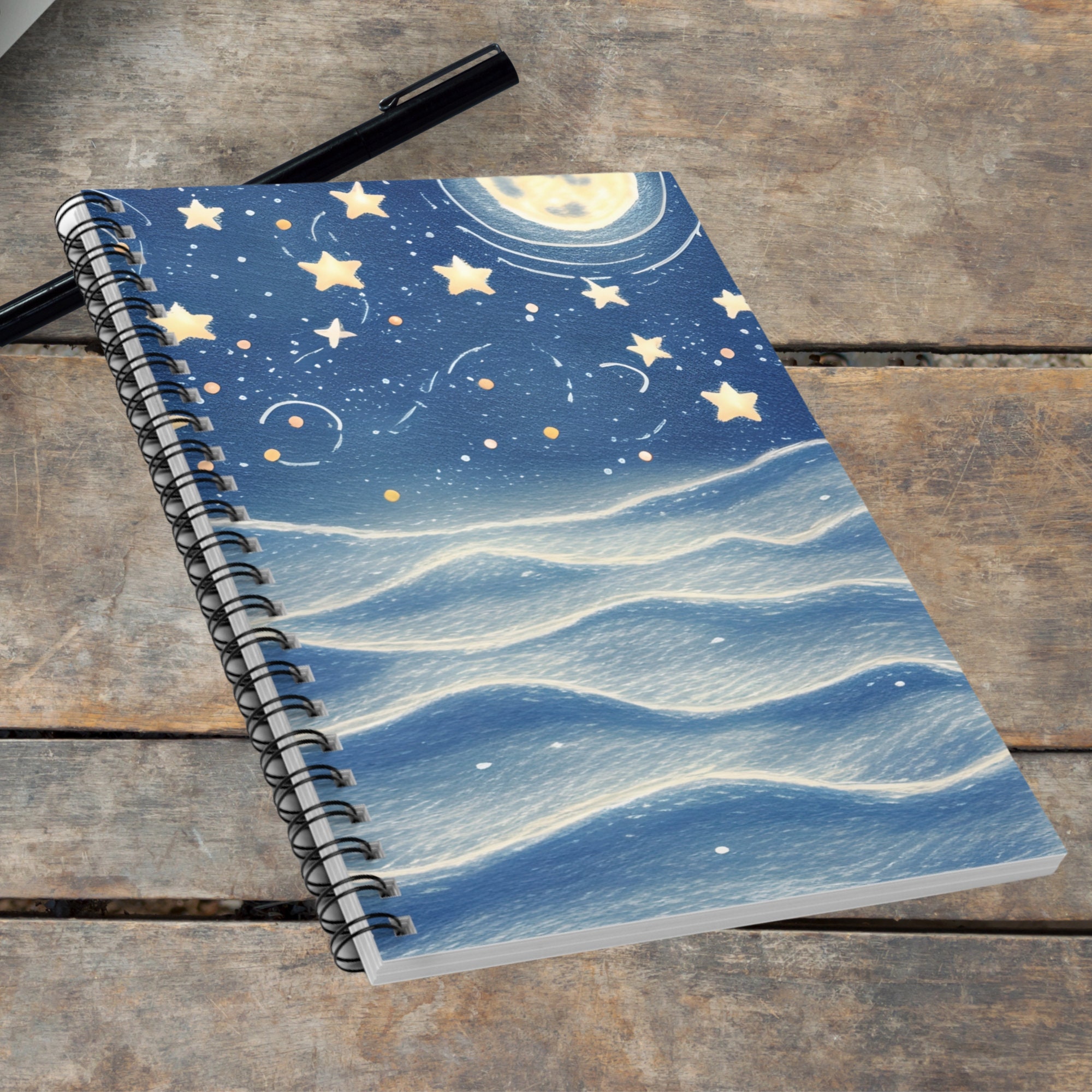 Full Moon Twinkling Stars Ocean Waves Spiral Soft Cover Notebook, 6x8 ...