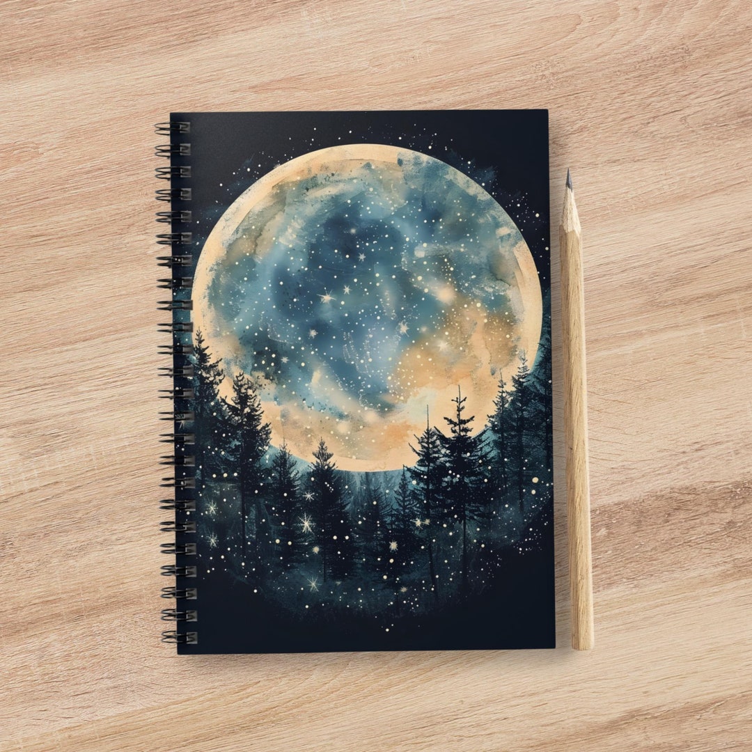 Forest Moon Starry Night Soft Cover Spiral Custom Notebook, Beautiful ...