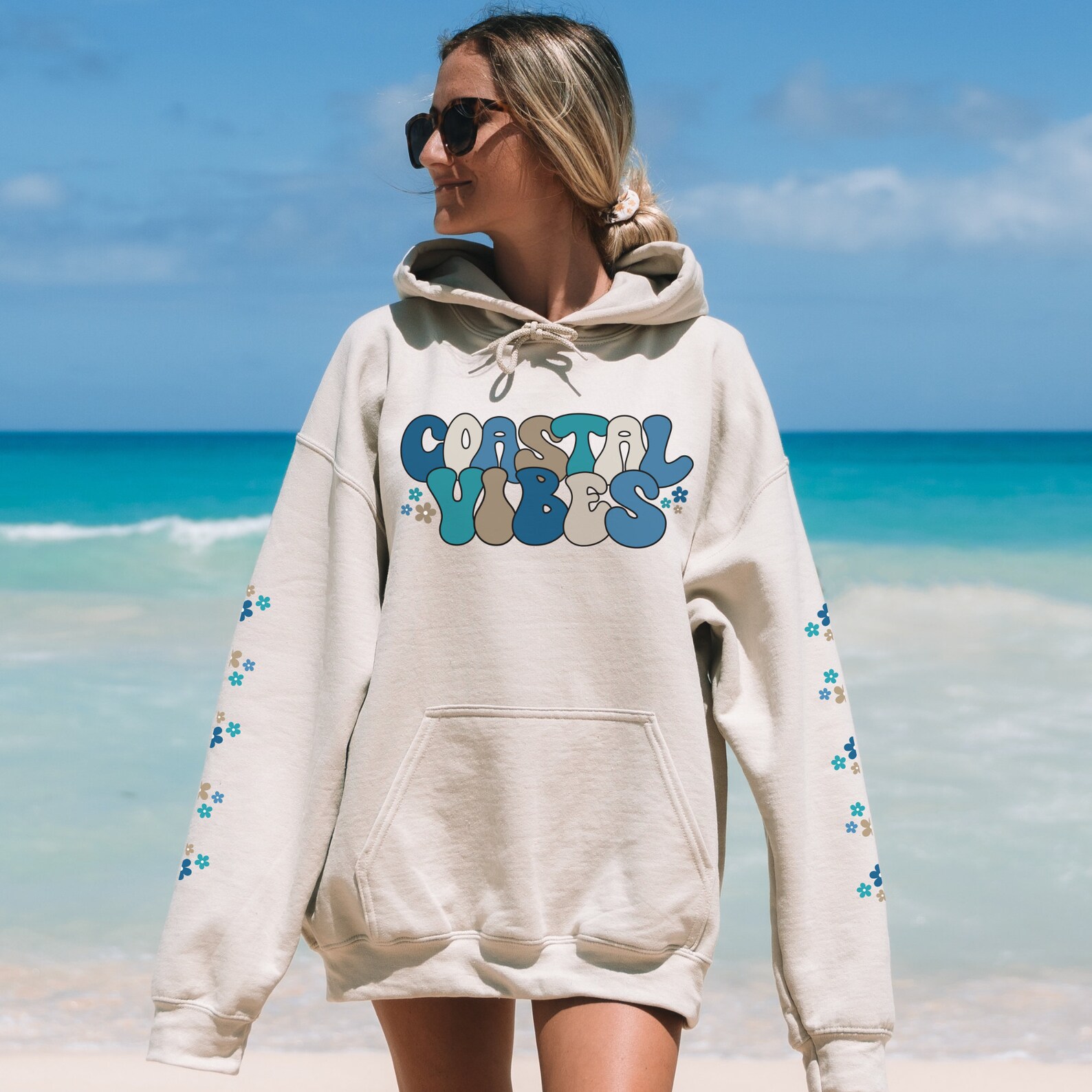 Coastal Vibes Floral Trendy Beachy Hoodie With Sleeve Print, Cute Beach ...