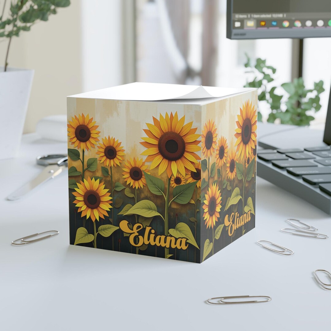Sunflower Sticky Note Cube, Paper-cut Style Floral Memo Pad, Customized ...