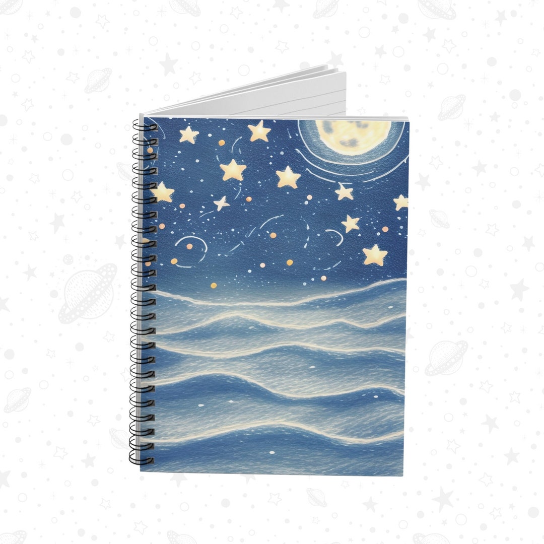 Full Moon Twinkling Stars Ocean Waves Spiral Soft Cover Notebook, 6x8 ...