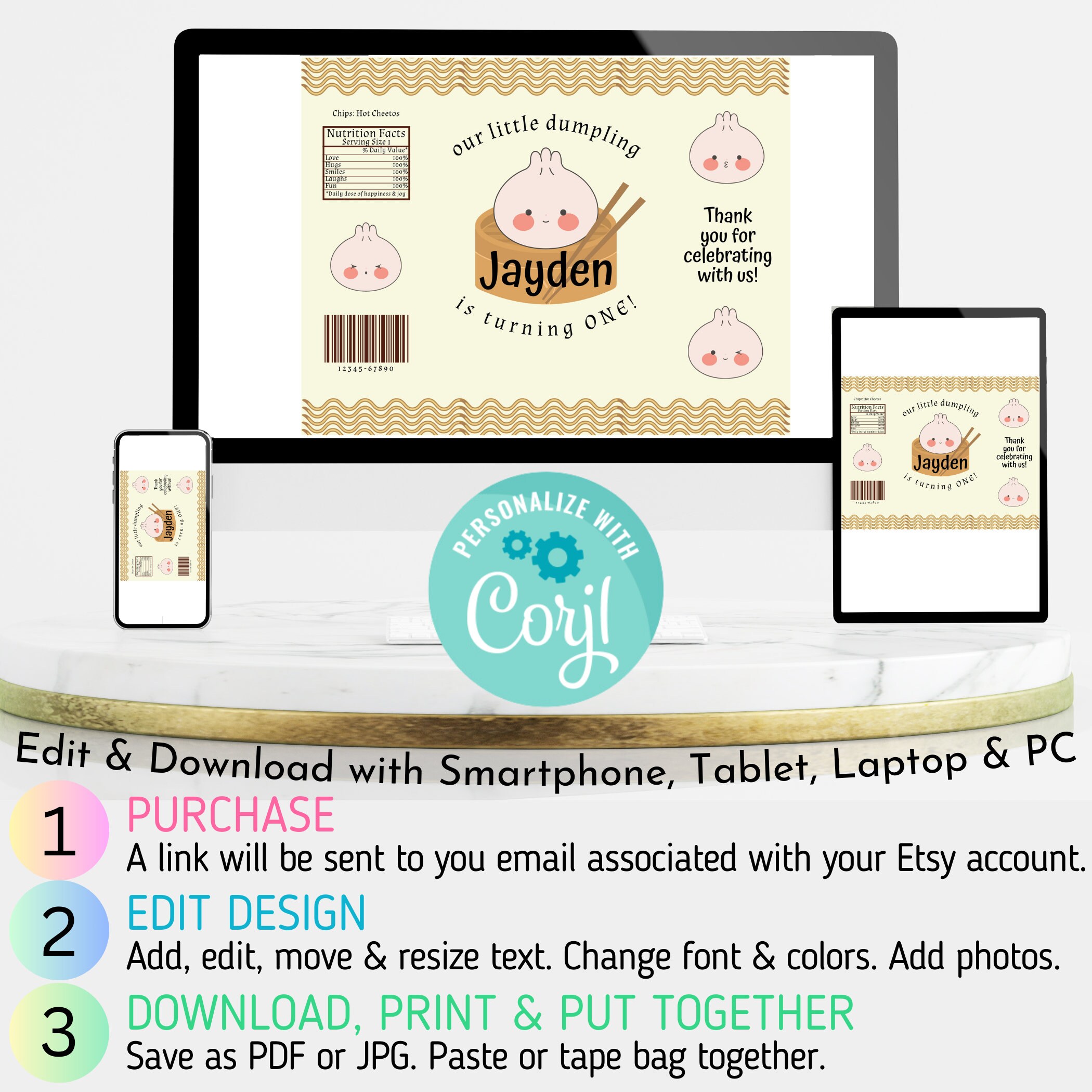 Editable Bao Chip Bag Template | Dumpling Theme Birthday Party | Bao ...