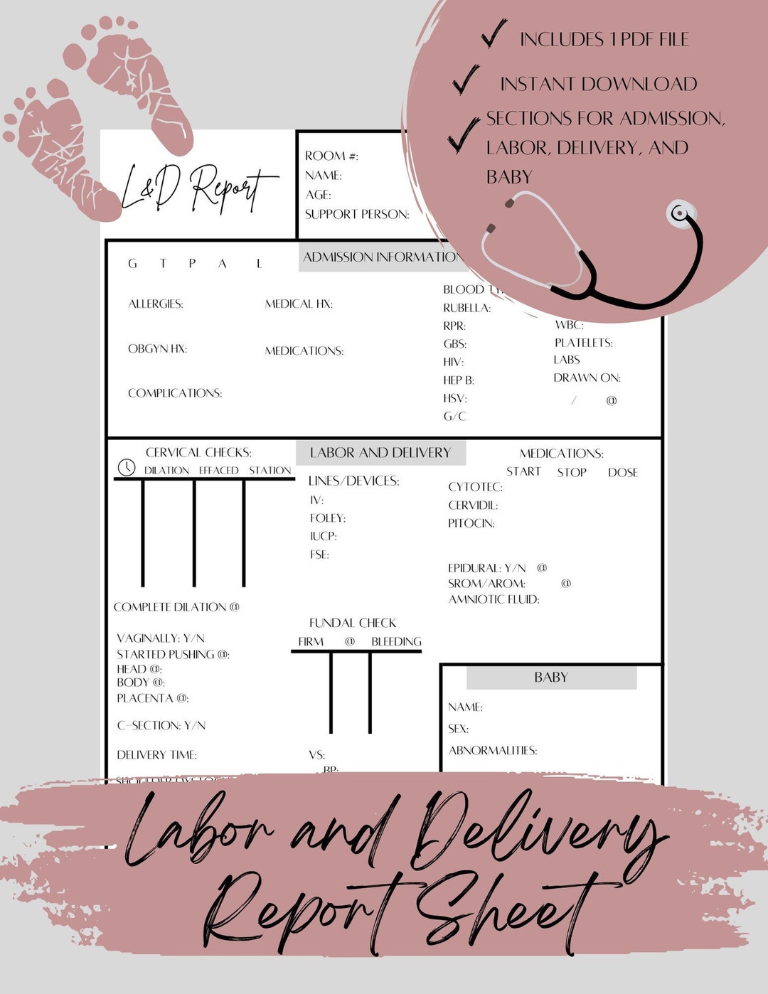 Labor and Delivery Report Sheet/digital Download PDF, RN, Template ...