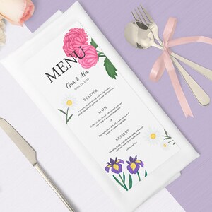Birth Flower Wedding Menu Template, Floral Modern Dinner Menu, Editable ...