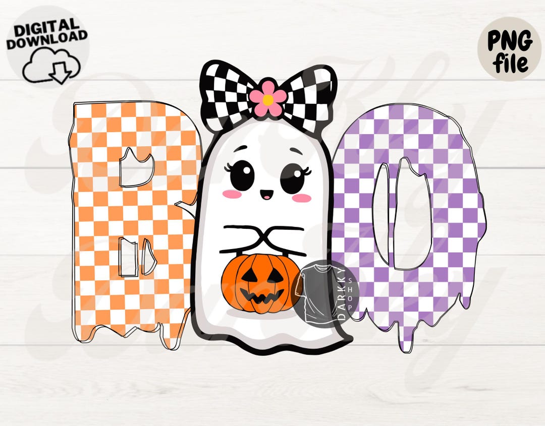 Digital Png File Boo Ghost Coquette Bow Halloween Pumpkin Checker Retro ...