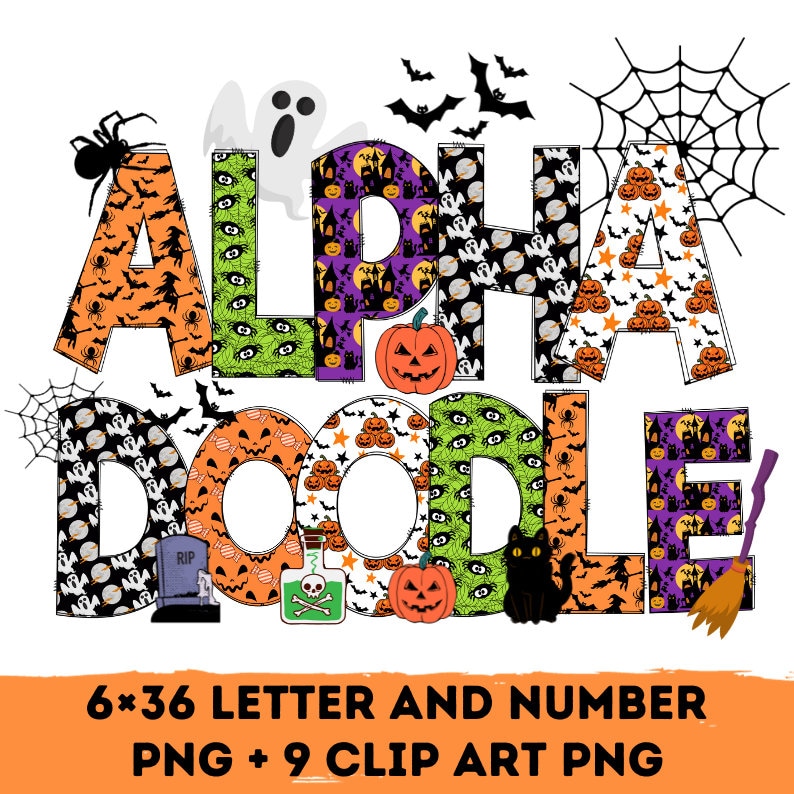 Halloween Doodle Letters BUNDLE With Clip Art PNG Files, Make Your Own ...