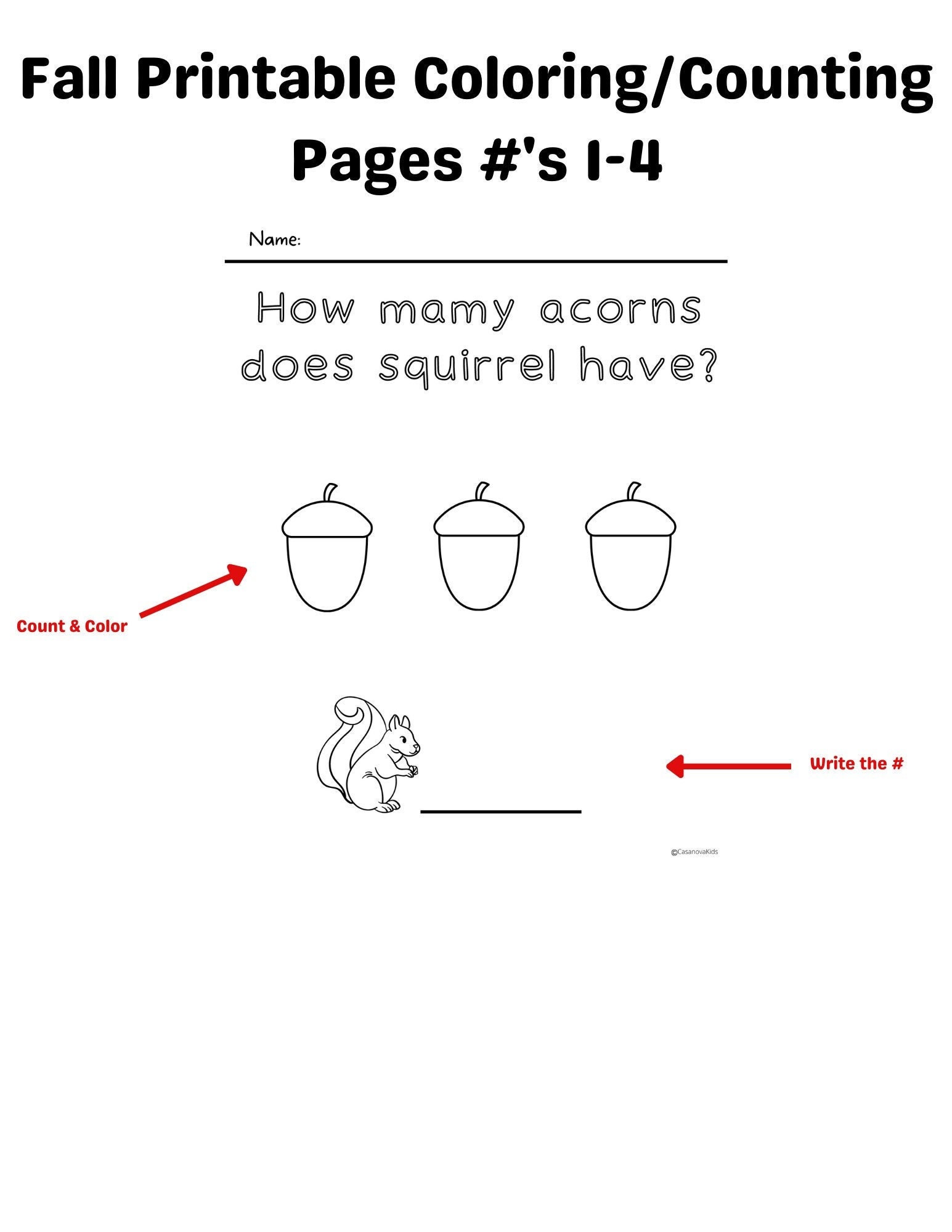 Fall Printable Counting & Coloring #'s 1-4 - Etsy