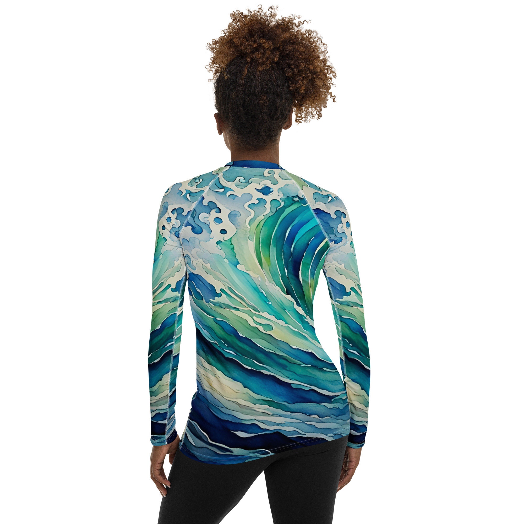 Watercolor Ocean Wave Rash Guard: Women's Long Sleeve Surf Shirt, UPF ...