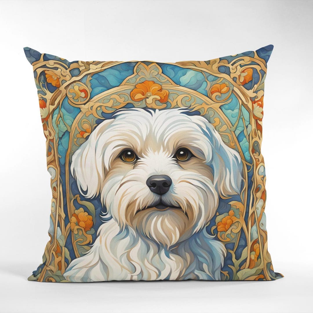 Maltese Pillow Cover | Art Nouveau | Linen-feel | Maltie Dog | White ...
