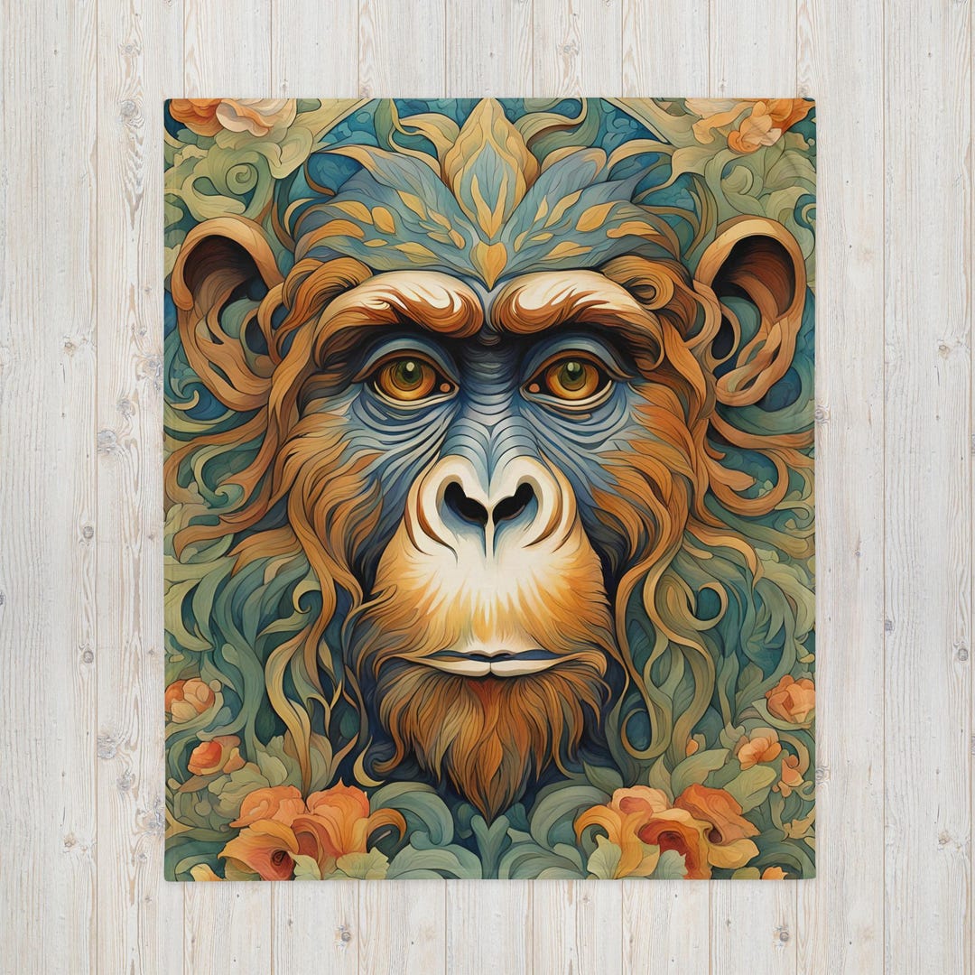 Chimpanzee Throw Blanket | Monkey Painting | Art Nouveau Style | Plush ...