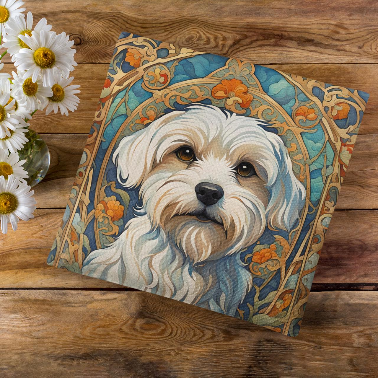 Maltese Pillow Cover | Art Nouveau | Linen-feel | Maltie Dog | White ...