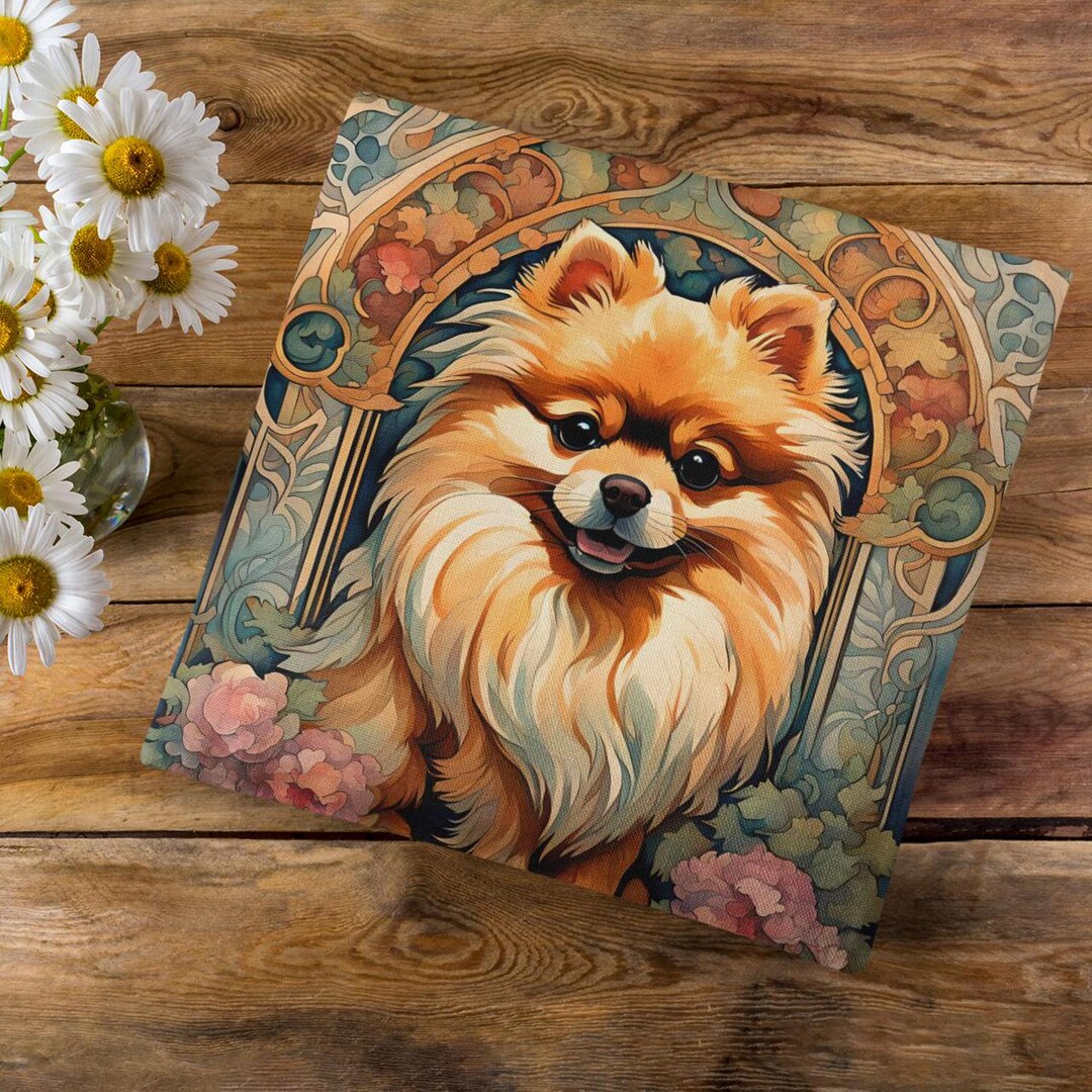 Pomeranian Pillow Cover | Art Nouveau | Linen-feel | Pommie | Orange ...