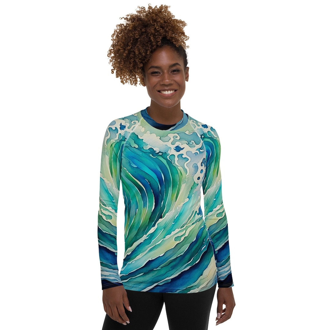 Watercolor Ocean Wave Rash Guard: Women's Long Sleeve Surf Shirt, UPF ...
