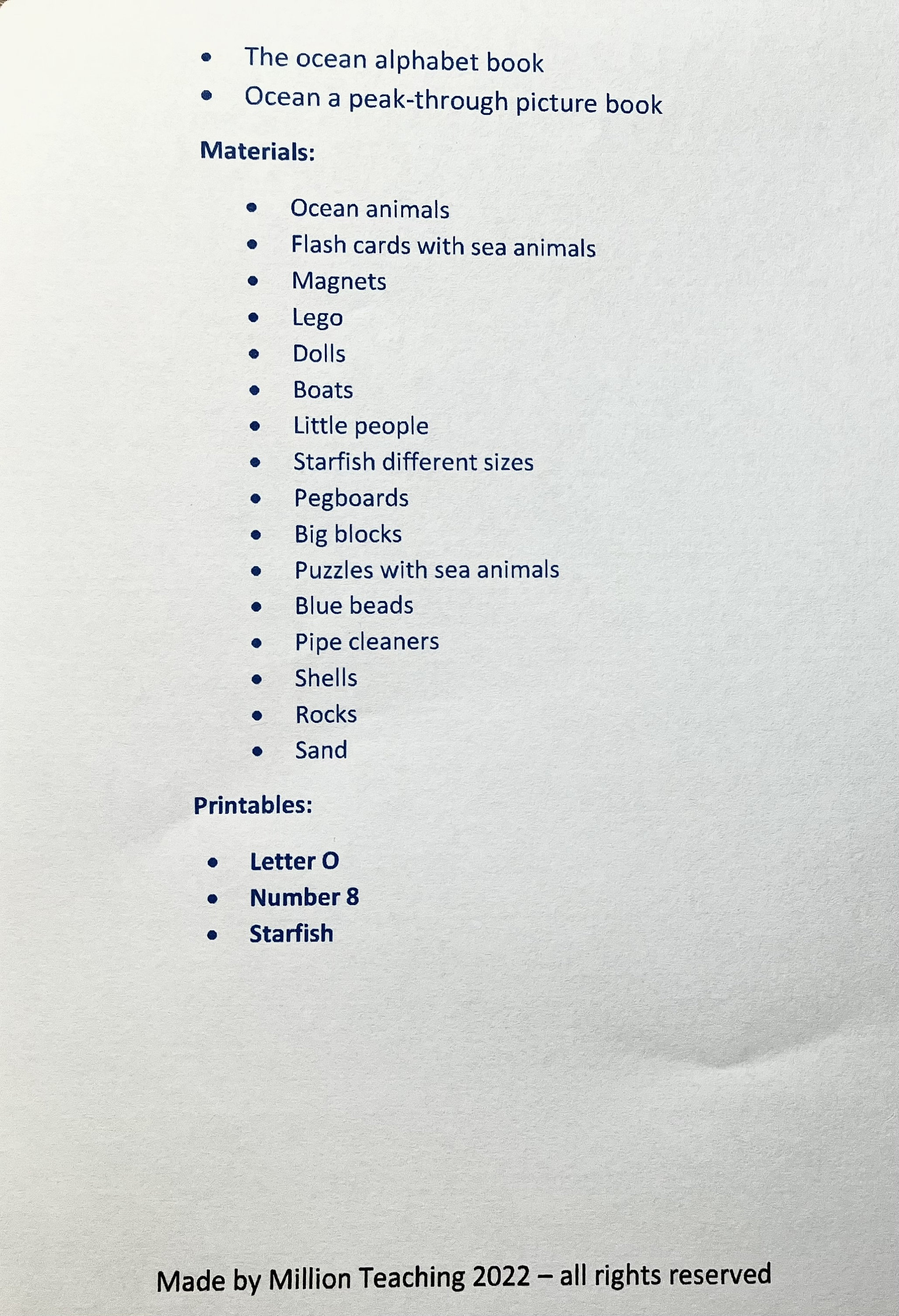 Daycare Lesson Plan, Ocean Lesson Plan, Printable Lesson Plan, Toddler ...