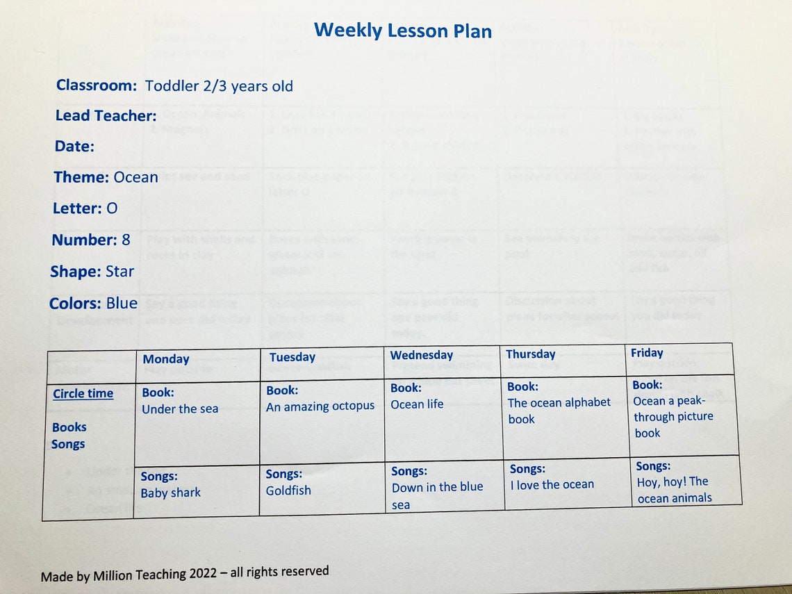 Daycare Lesson Plan, Ocean Lesson Plan, Printable Lesson Plan, Toddler ...
