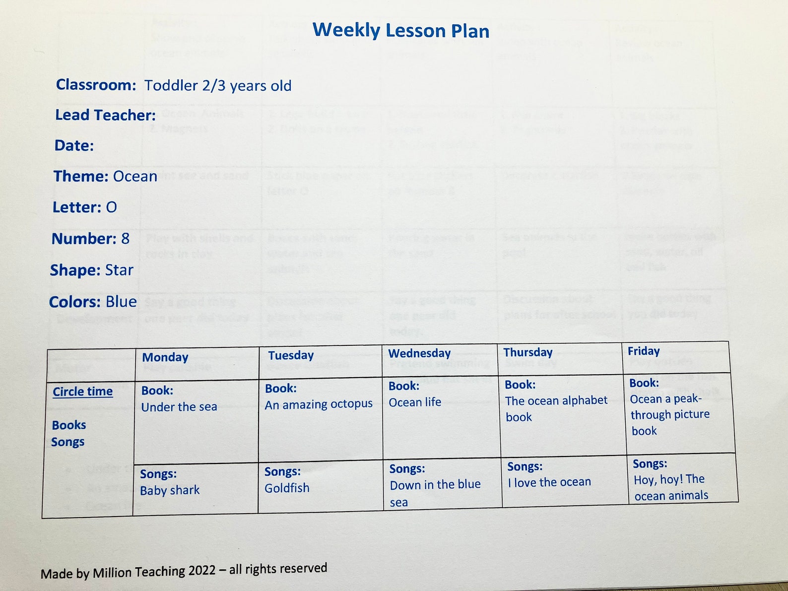 Daycare Lesson Plan, Ocean Lesson Plan, Printable Lesson Plan, Toddler ...