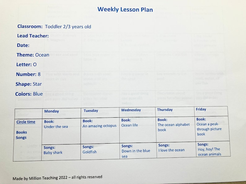 Daycare Lesson Plan, Ocean Lesson Plan, Printable Lesson Plan, Toddler ...