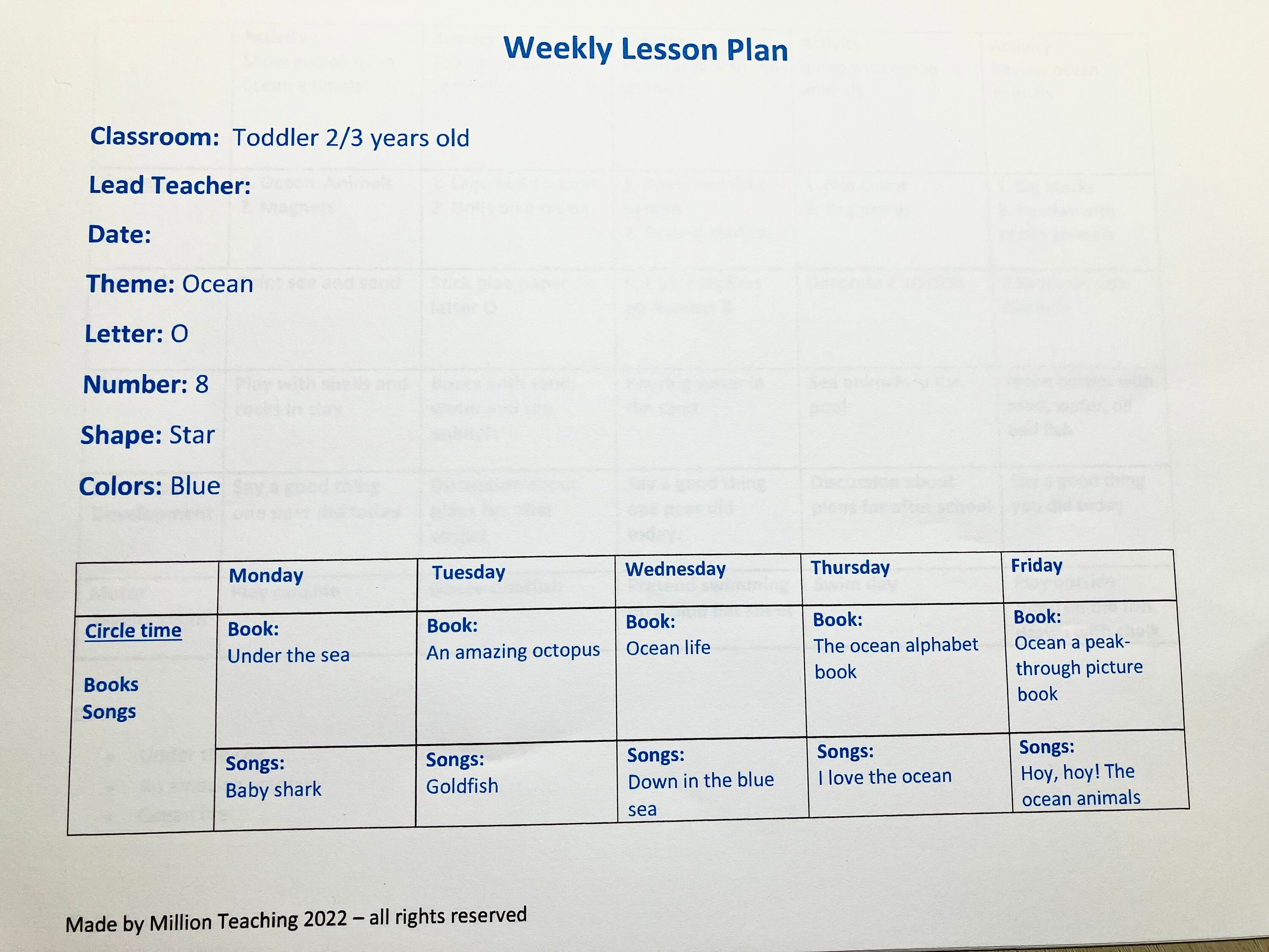 Daycare Lesson Plan, Ocean Lesson Plan, Printable Lesson Plan, Toddler ...
