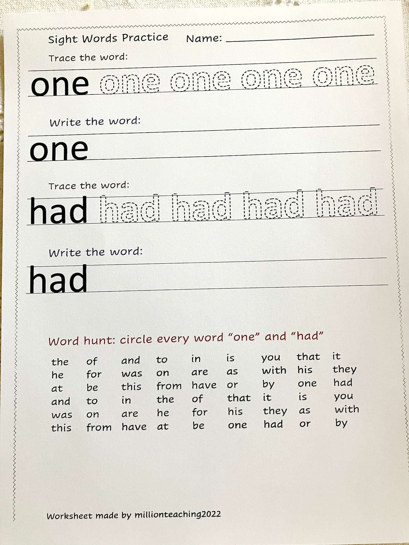 Kindergarten Sight Words to Trace and Write, Kindergarten Sight Words ...