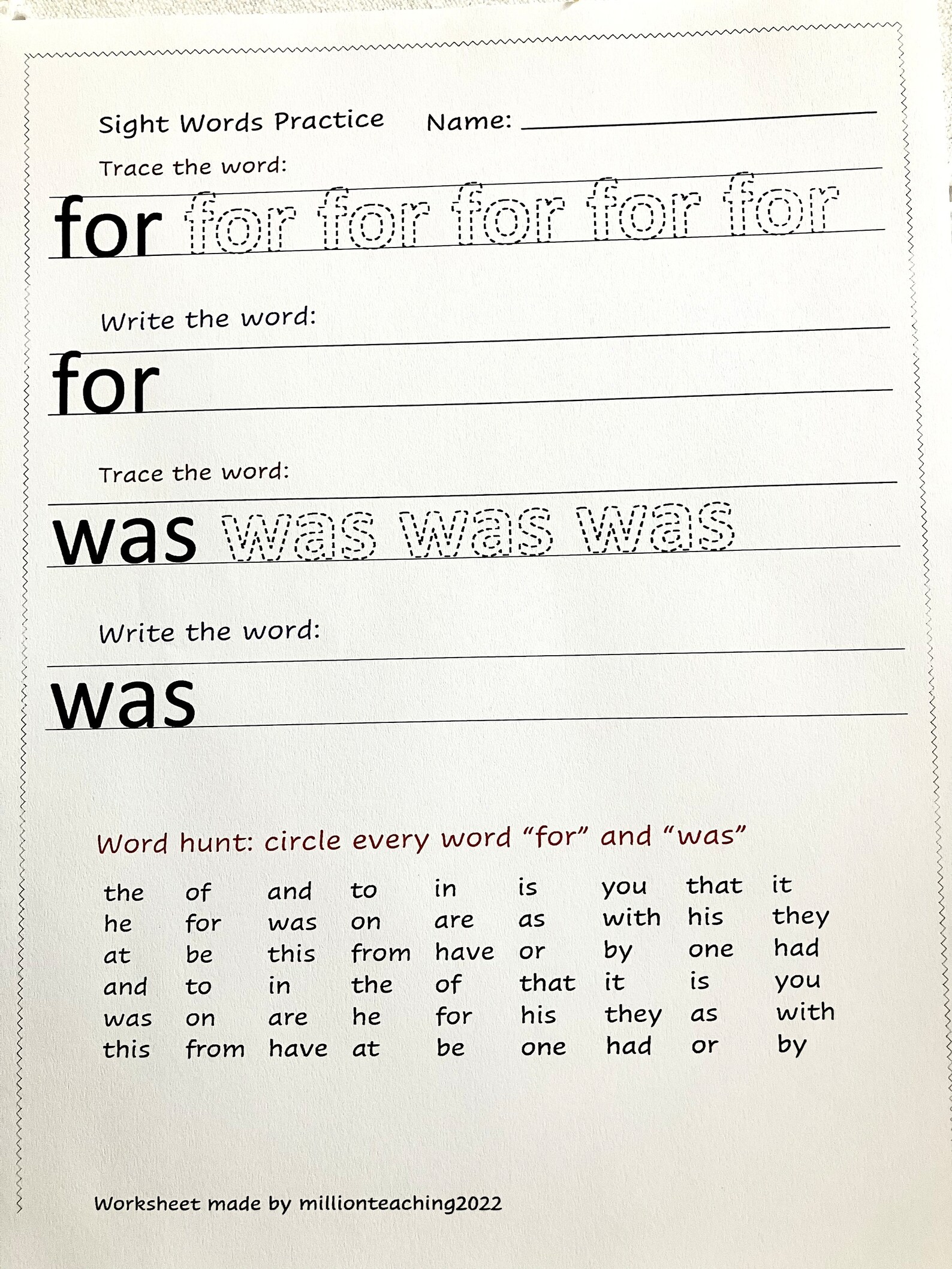Kindergarten Sight Words to Trace and Write, Kindergarten Sight Words ...
