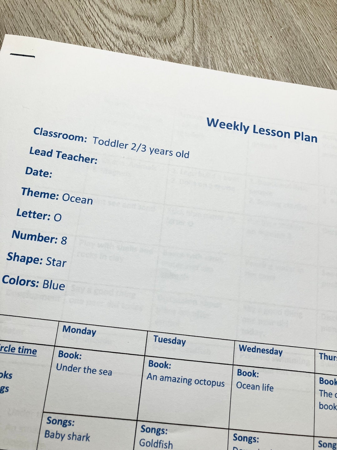 Daycare Lesson Plan, Ocean Lesson Plan, Printable Lesson Plan, Toddler ...