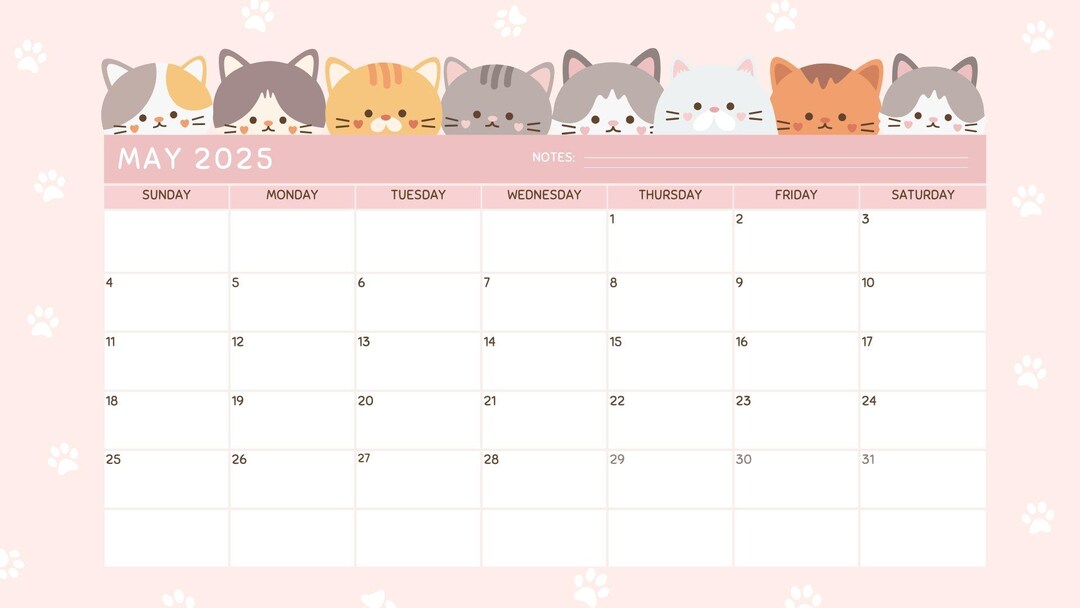 2025 May Digital Calendar With Cat Theme / Cute Cat May Calendar Print ...