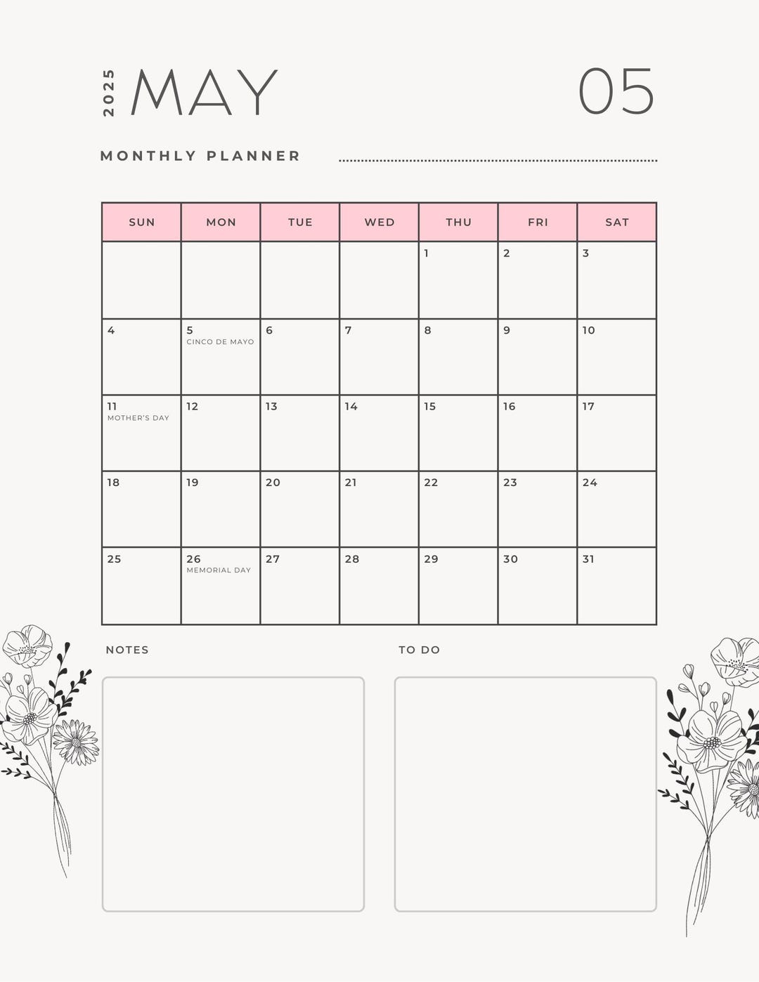 2025 May Digital Calendar With Holidays / May Calendar Print Out / May ...
