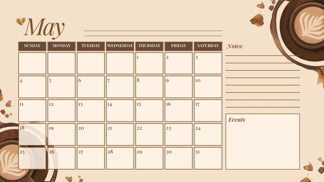 2025 May Digital Calendar With Coffee Theme / May Calendar Print Out ...