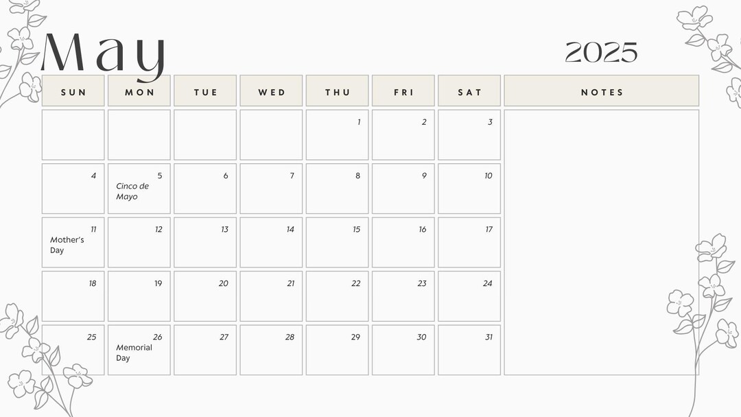 2025 May Digital Calendar With Holidays Landscape / May Calendar Print ...