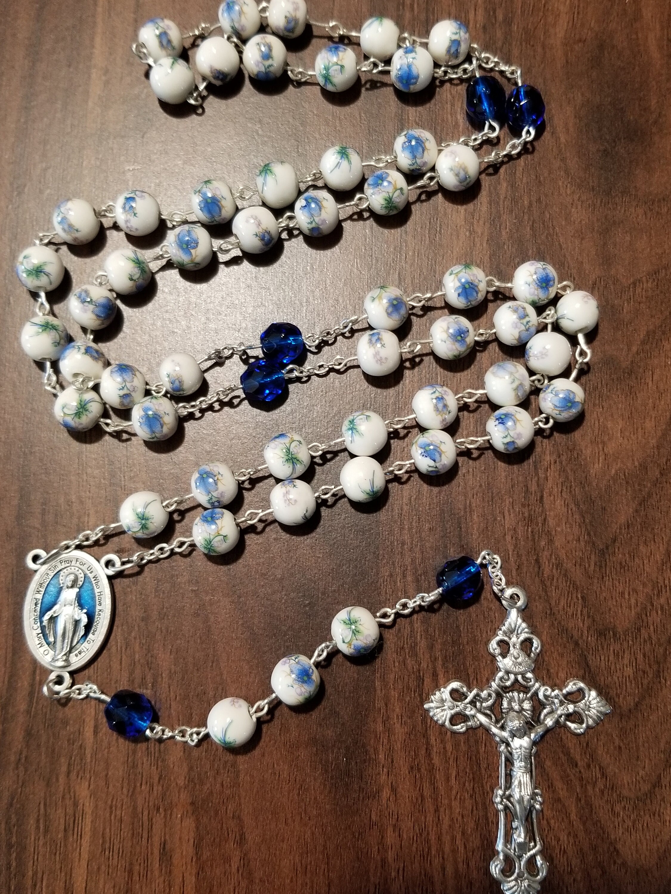 Blue and White Floral Ceramic Rosary With Blue Glass Faceted Beads ...