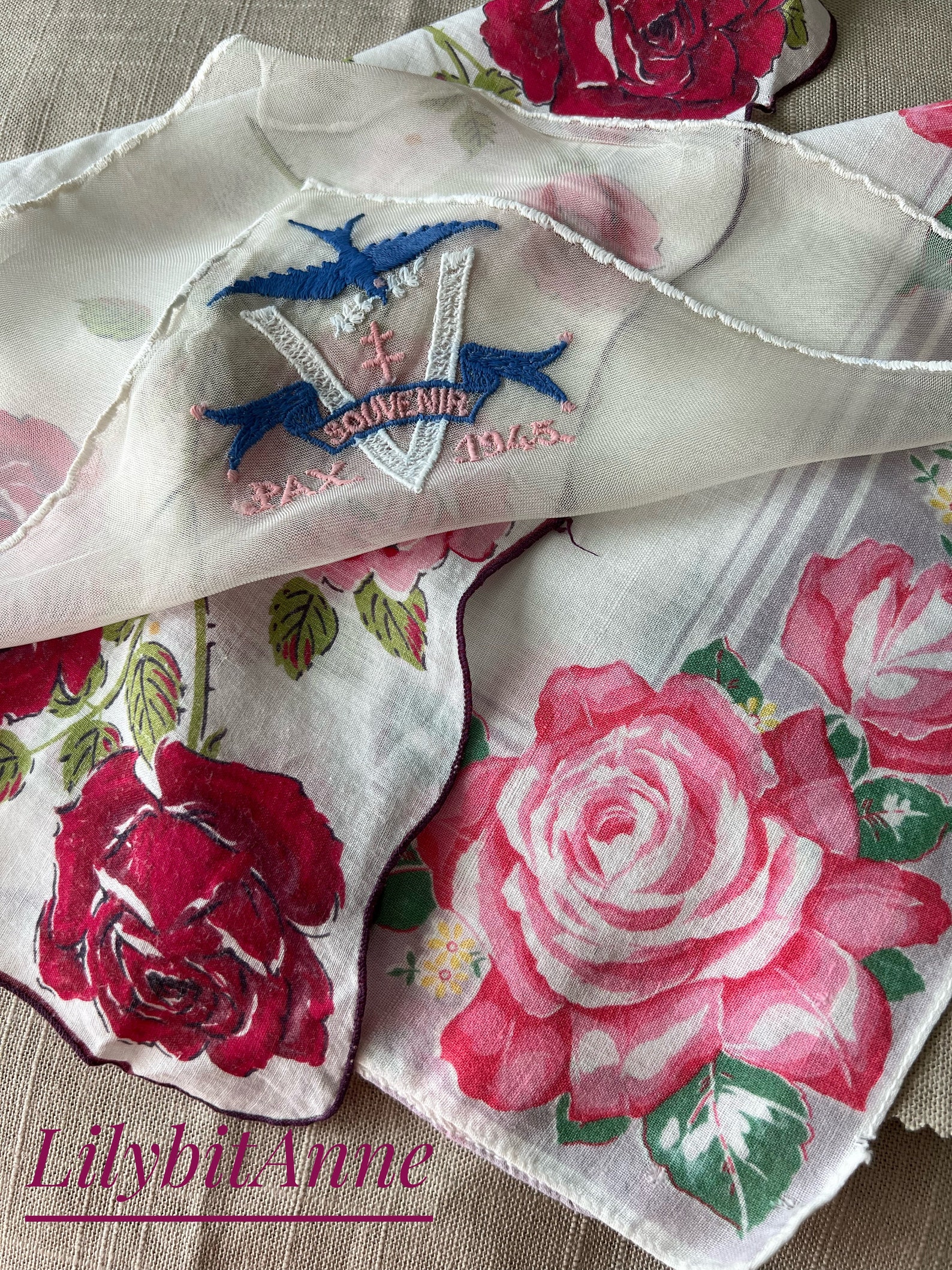 Vintage Antique Hanky Pink Rose WWII Victory Souvenir - Etsy