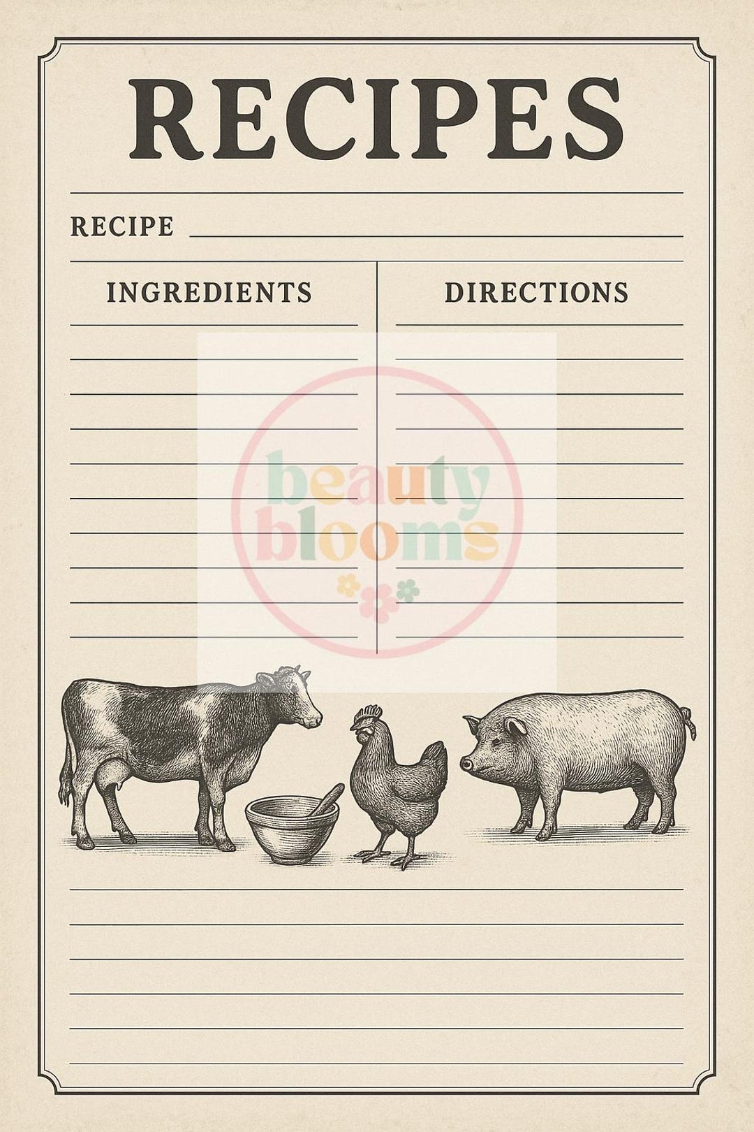 Farmhouse Recipe Card PNG| Vintage Style Recipe Card - Etsy