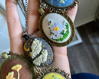 Oval Embroidered Necklace Pendant, Hand Embroidery Jewelry, Handmade ...
