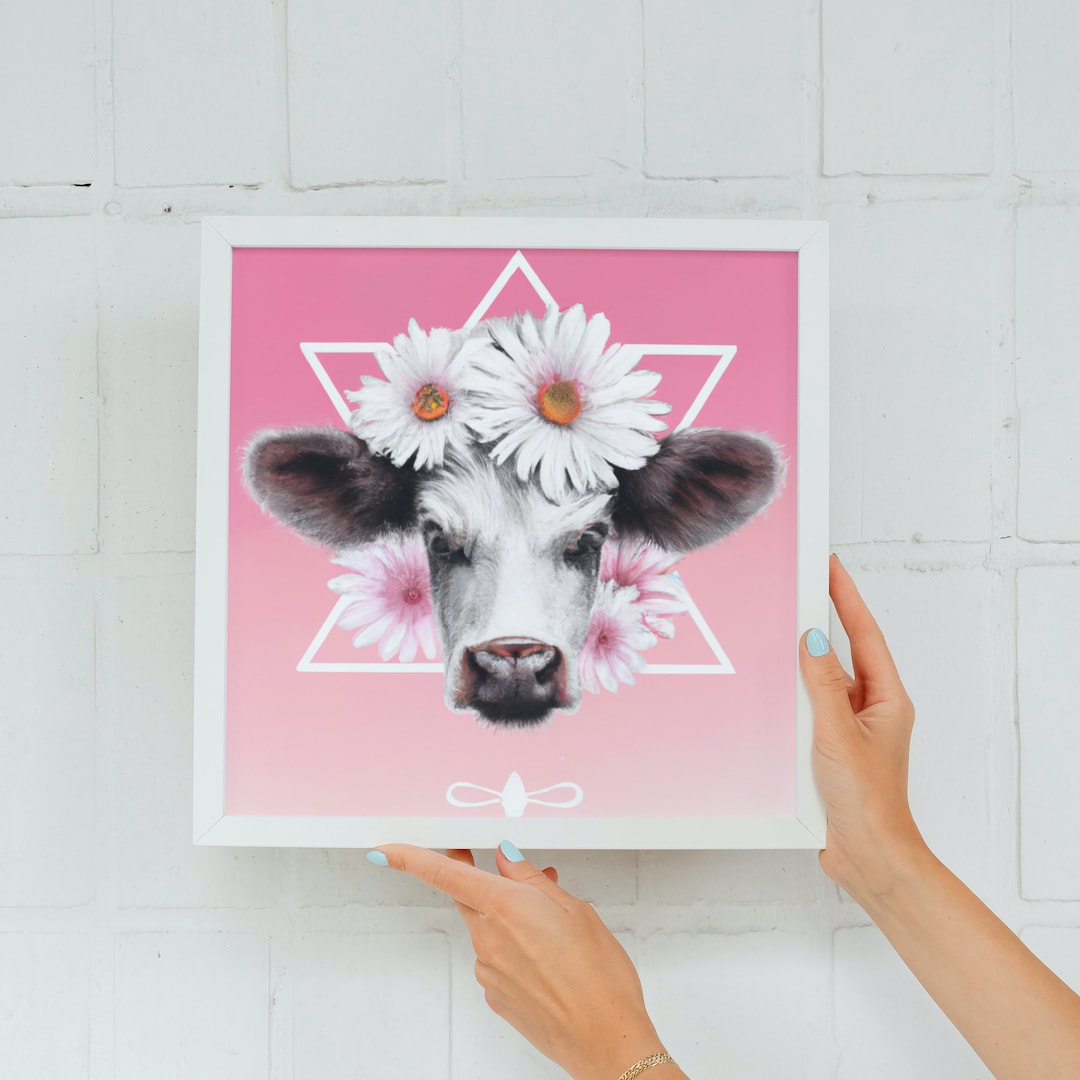Cow Flowers Pink Printable Artwork, Cow Wall Decor, Digital Download ...