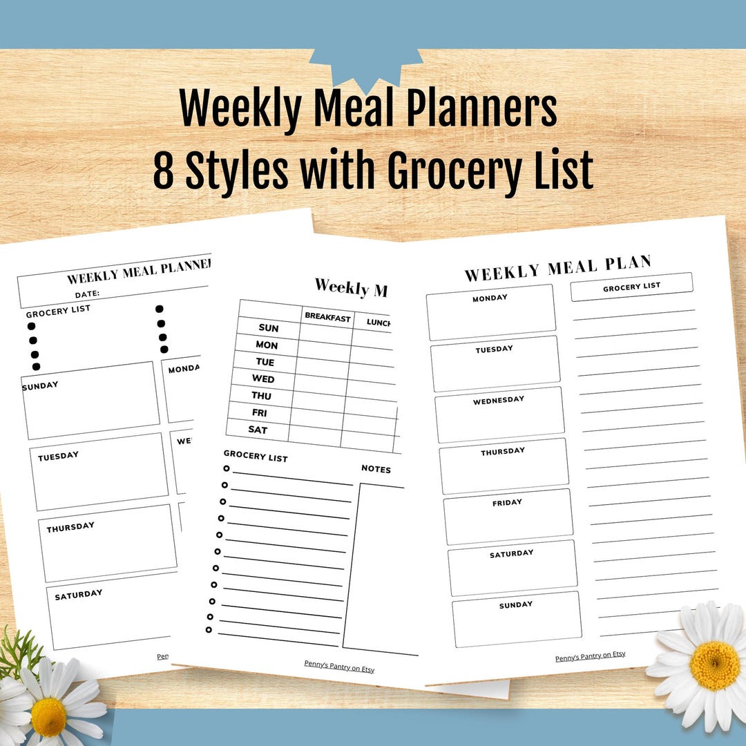 Printable Weekly Meal Planner: 8 Styles With Grocery List (letter/a4/a5 ...