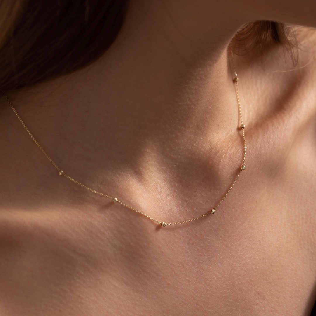 Bead Station Necklace in 14K Solid Gold |dainty Pendant for Women ...