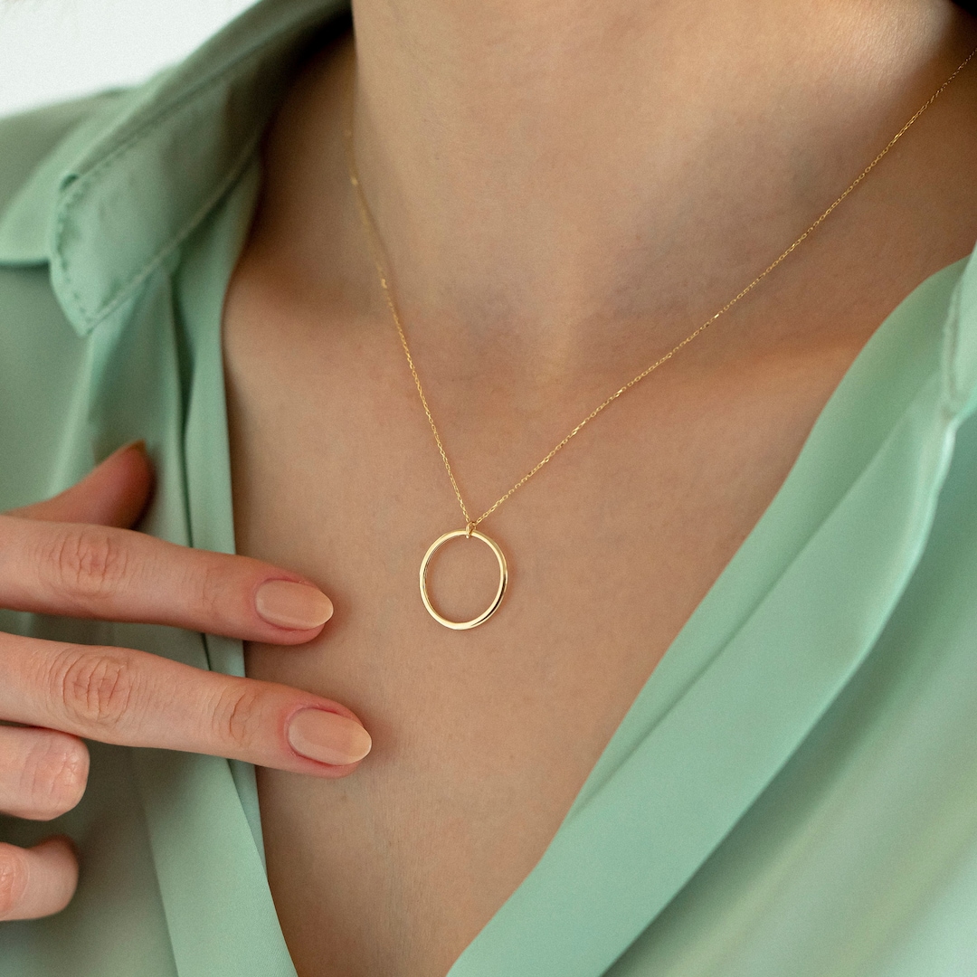 14k Solid Gold Circle Neclace for Women | Ring Pendant Necklace | Open Circle Dainty Jewelry ...