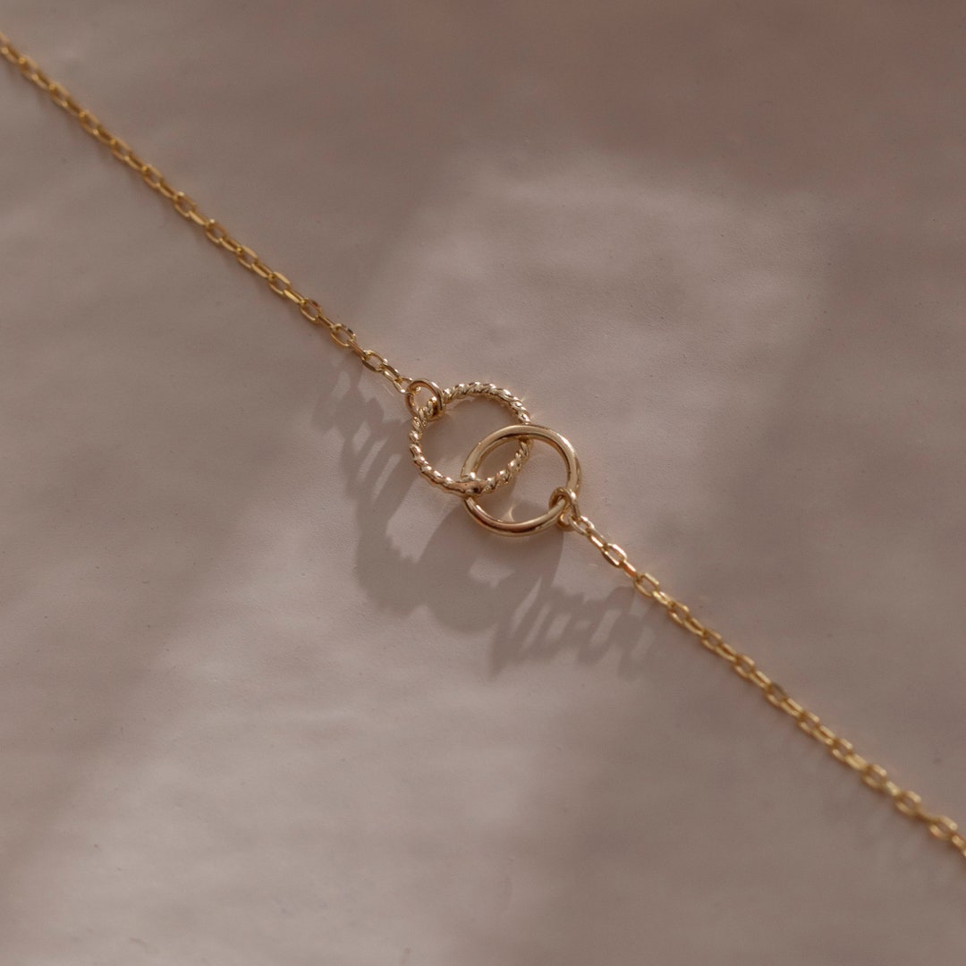 14k Solid Gold Interlocking Circles Bracelet for Women Double Ring Charm Intertwined Bracelet ...