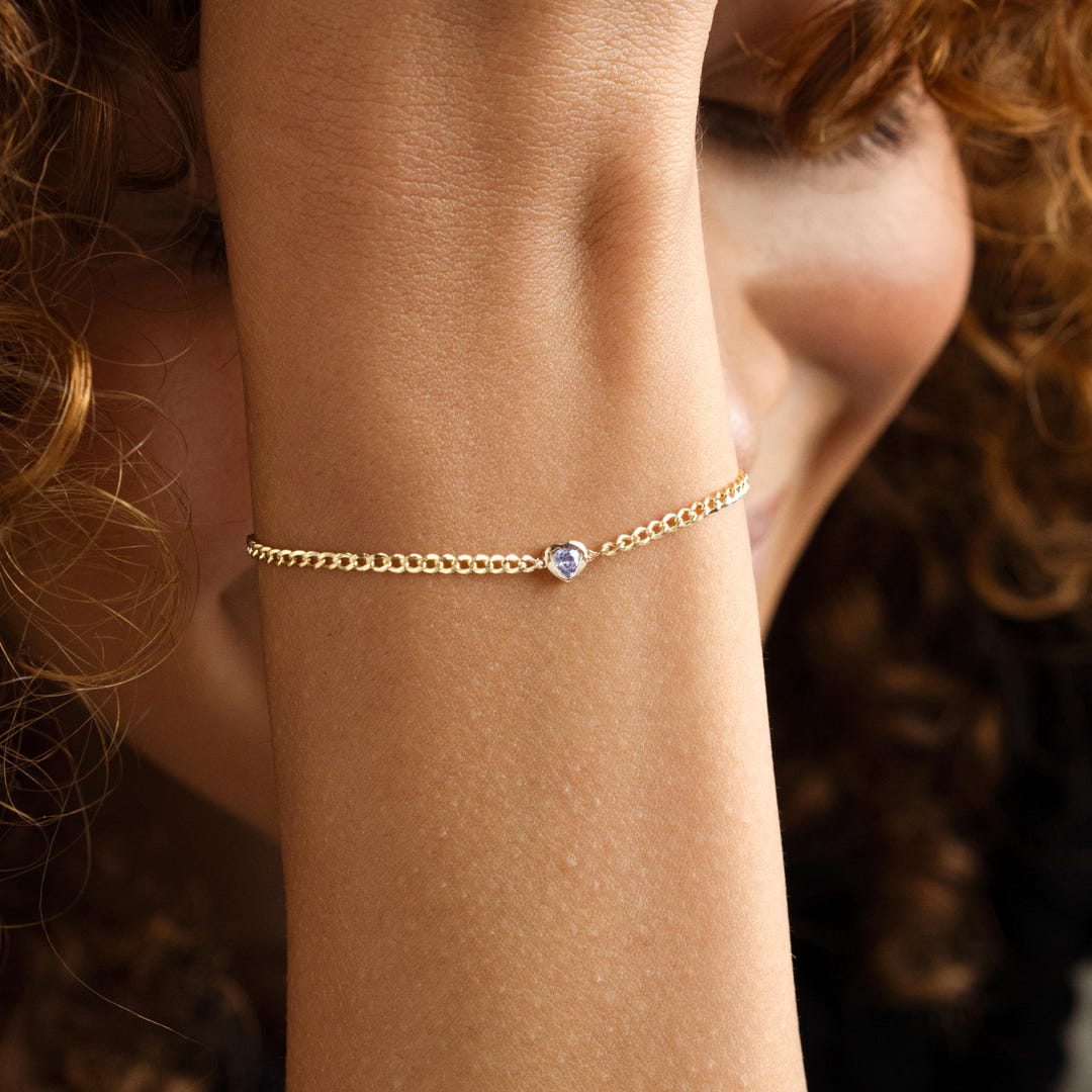 14k Solid Gold & CZ Heart Shape Birthstone Bracelet for Women | Dainty ...