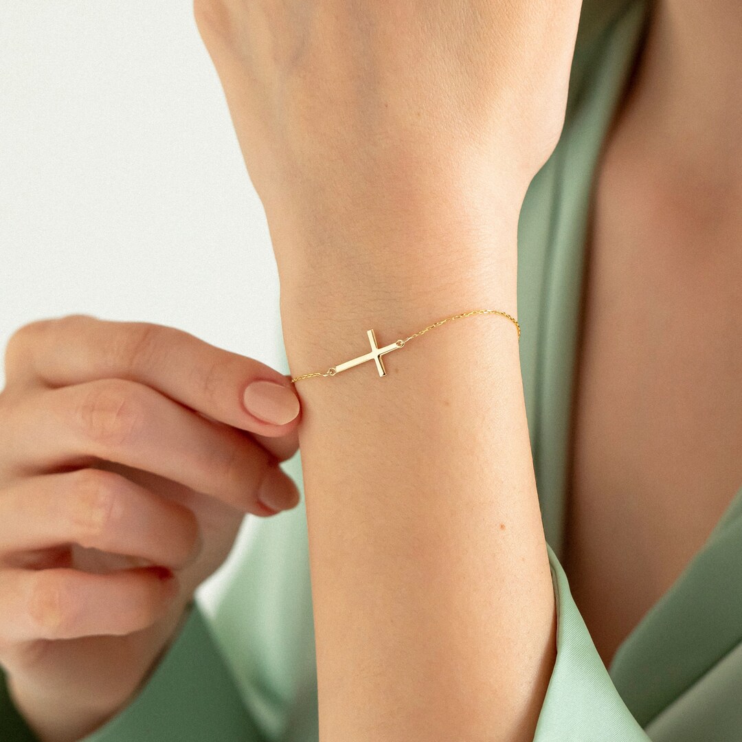 14k Solid Gold Cross Bracelet for Women | Dainty Real Gold Crucifix | Sideways Cross Bracelet ...