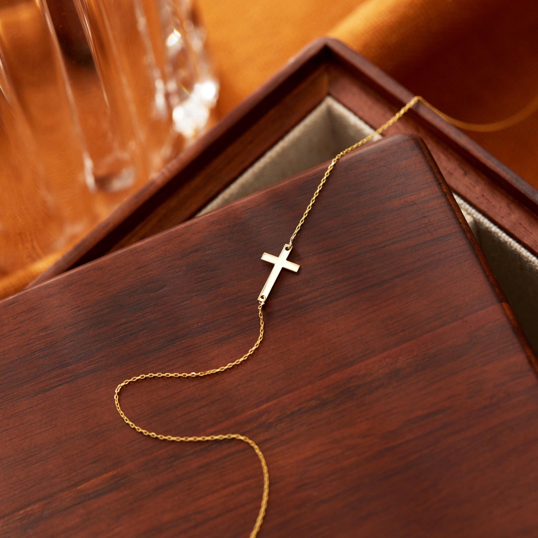 14k Solid Gold Sideways Cross Necklace for Women | Dainty Crucifix ...