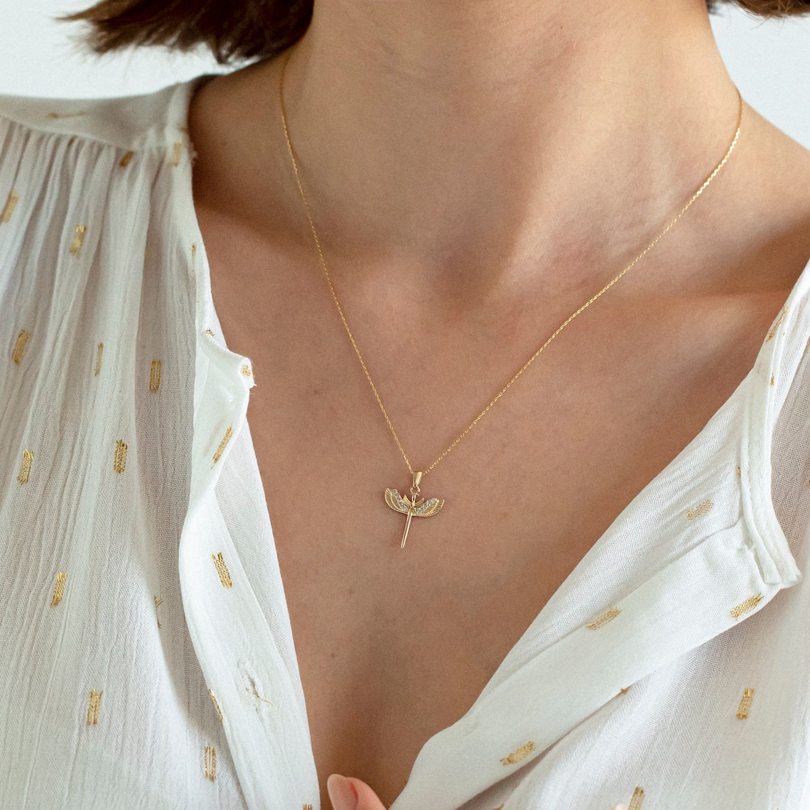 14k Solid Gold Guardian Angel Necklace for Women Dainty - Etsy