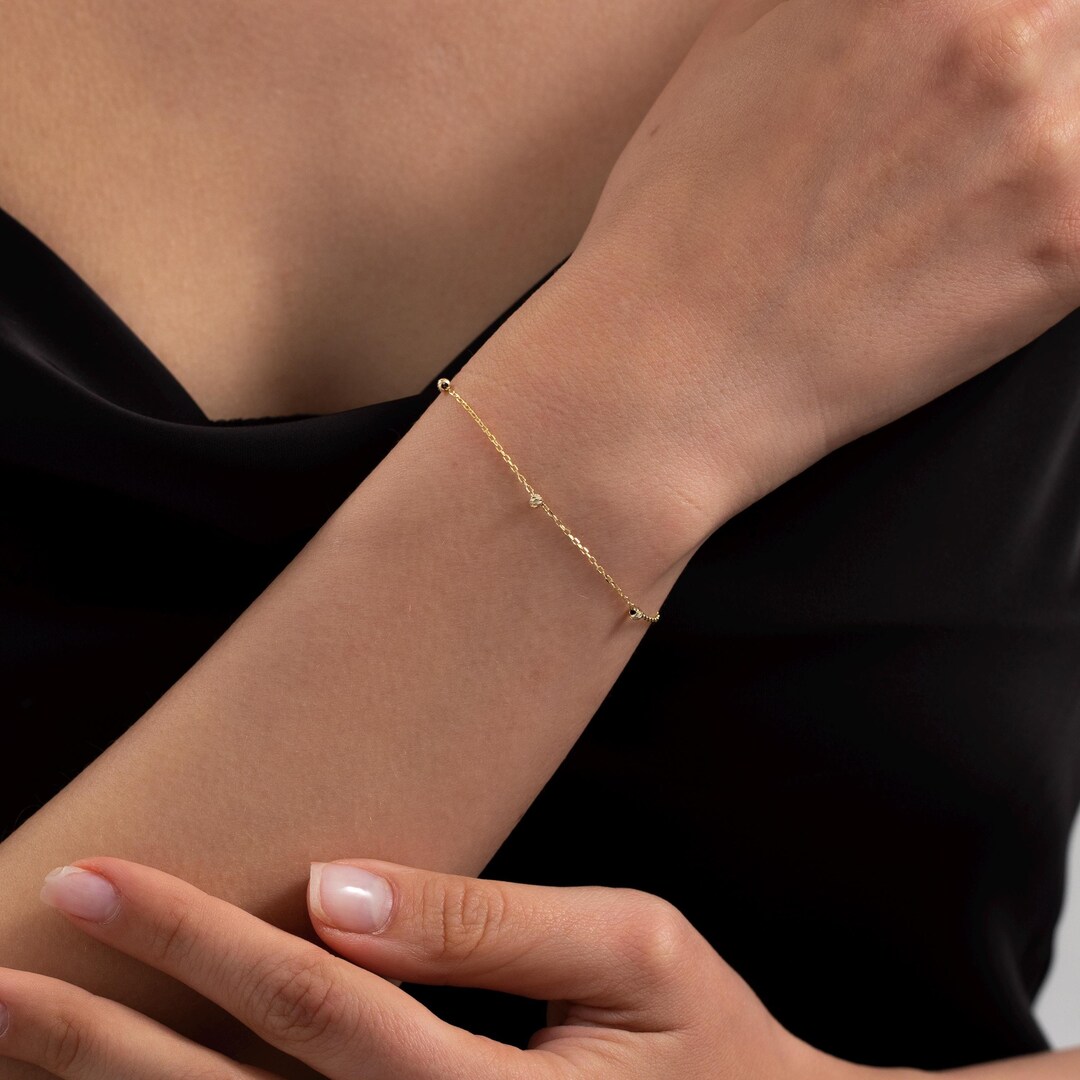 14K Solid Gold Bead Station Bracelet for Women Minimalist Dainty ...