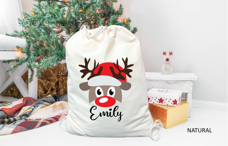 Custom Name Reindeer Santa Bag, Natural Canvas Holiday Sack, Reusable ...