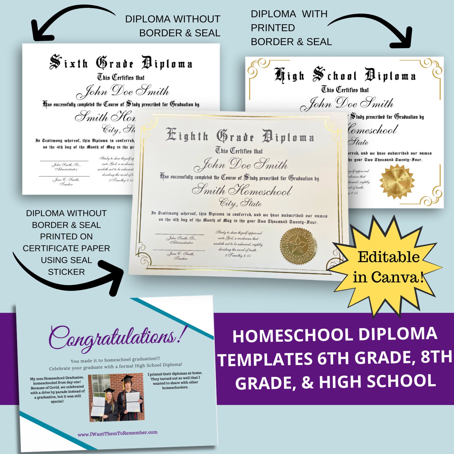 Printable PERSONALIZED HOMESCHOOL DIPLOMA Template Editable in Canva ...