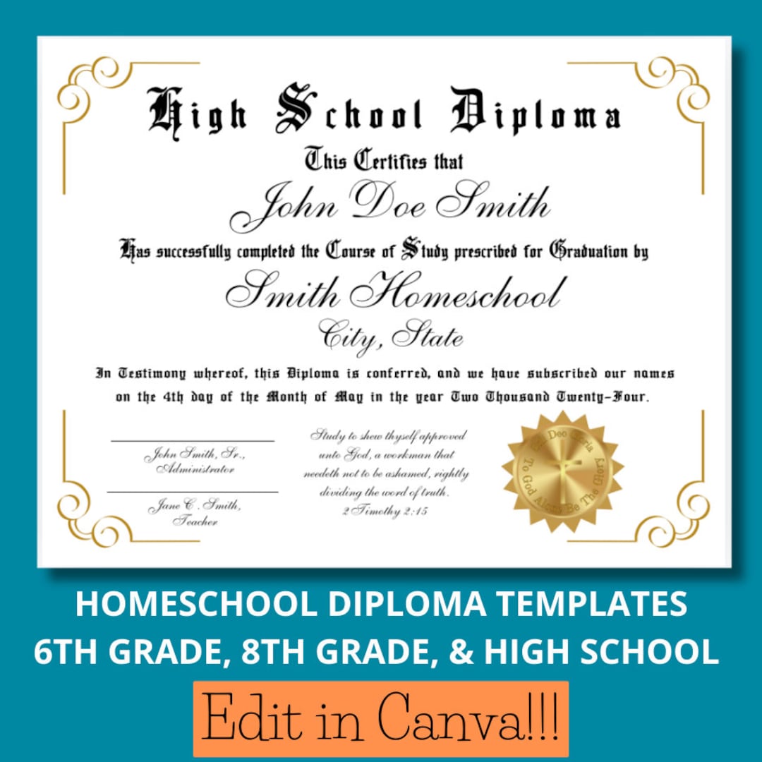 Printable PERSONALIZED HOMESCHOOL DIPLOMA Template Editable in Canva ...